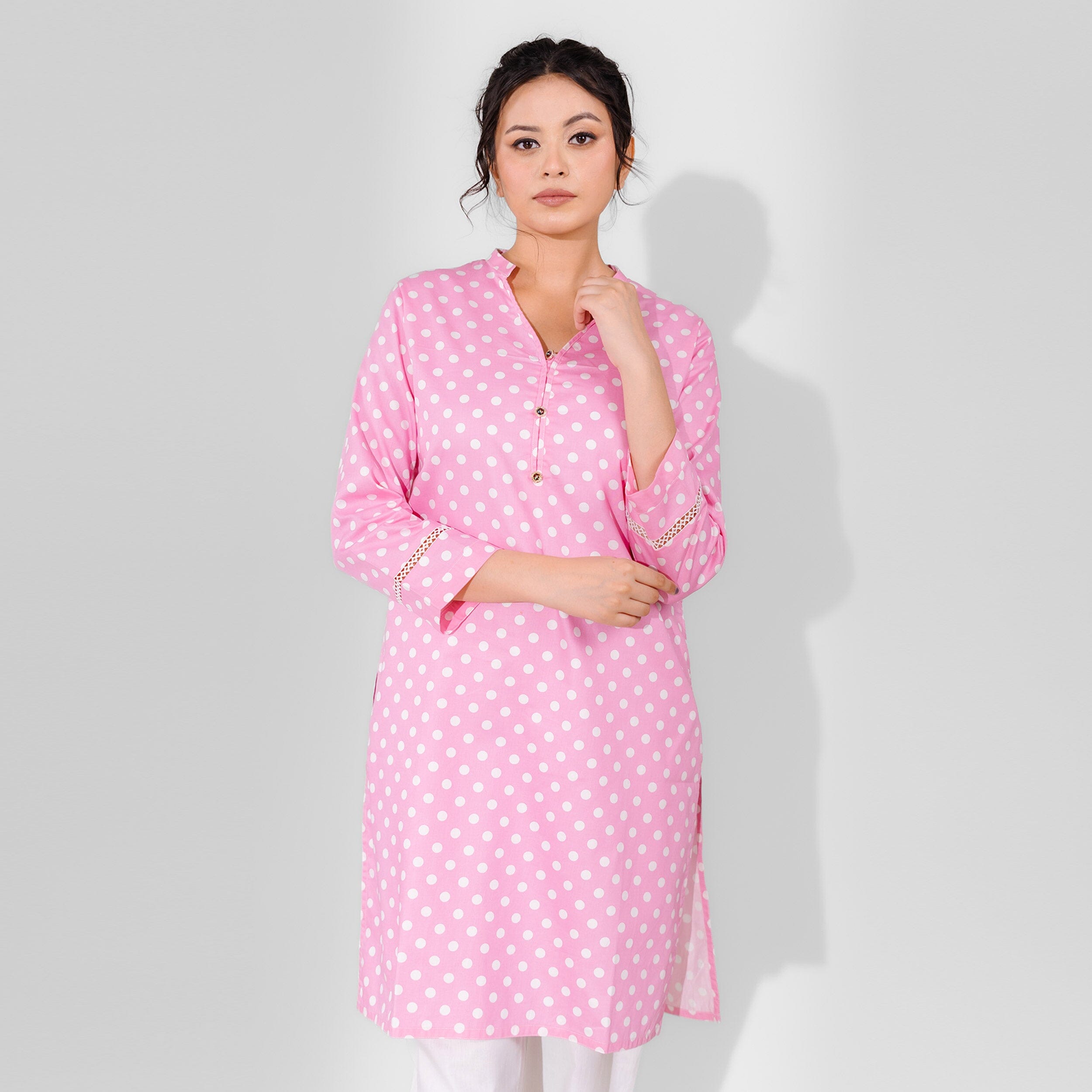 Hud Hud Women's Dots Printed V Neck Style Stitched Kurti – elo