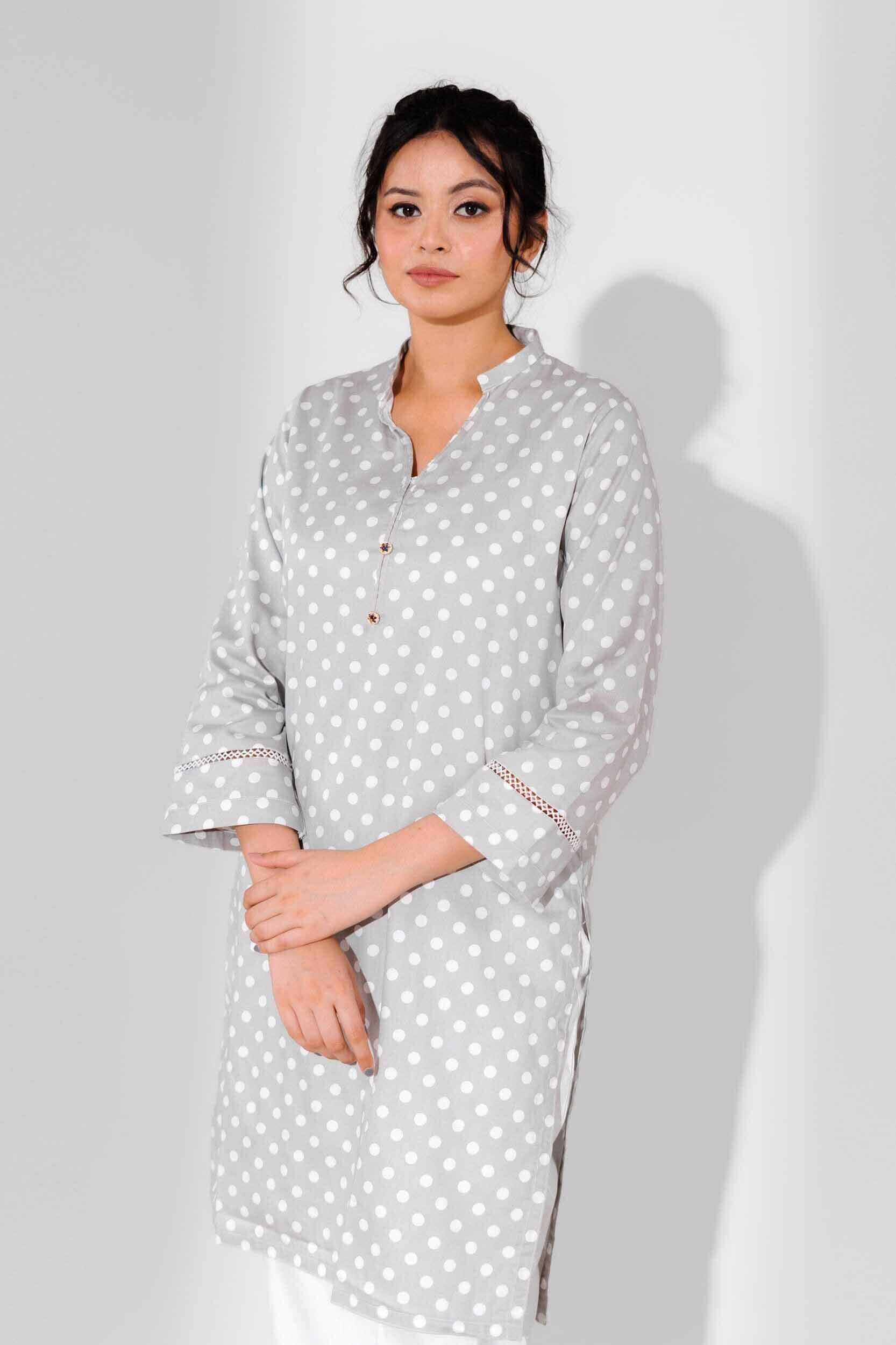 Hud Hud Women's Dots Printed V Neck Style Stitched Kurti – elo
